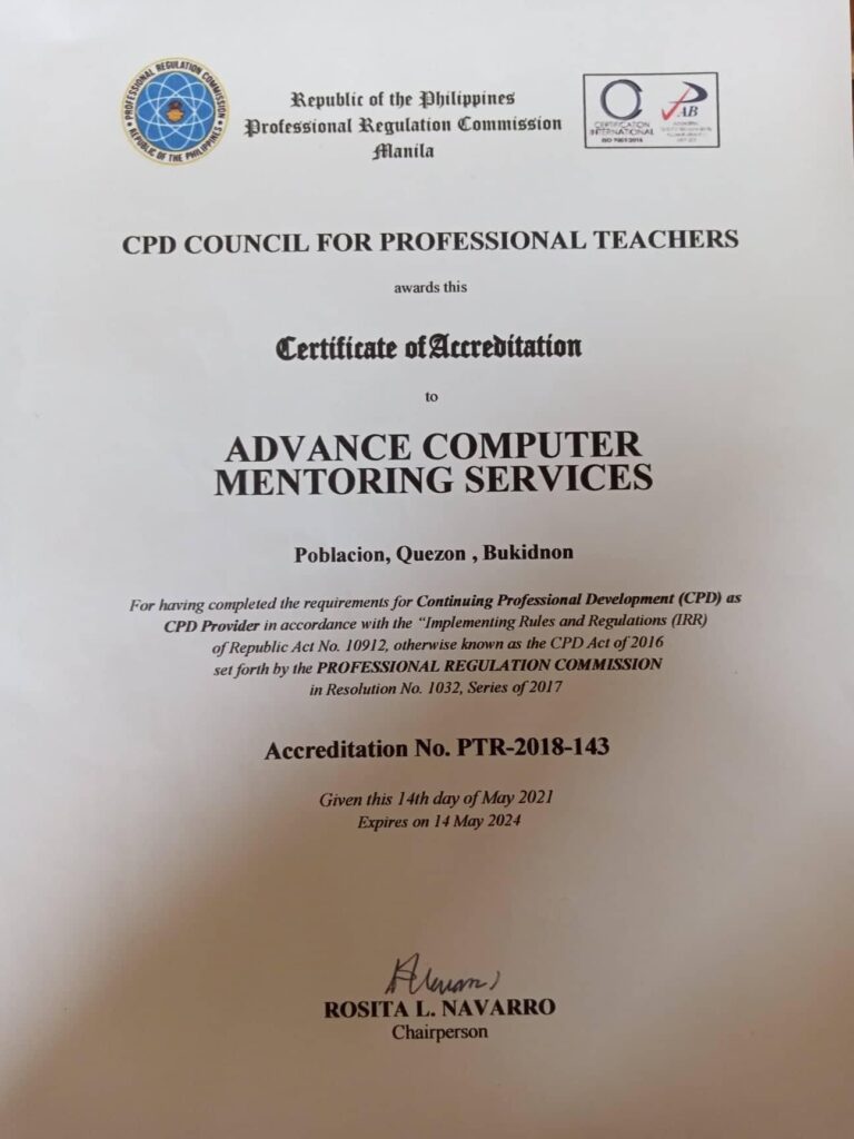 Certificate of Accreditation - Advance Computer Mentoring Services (ACMS)